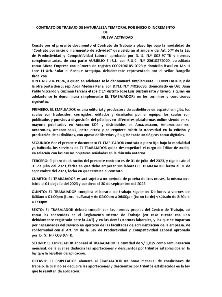 Jusepi Aron Medina Peña - Contrato | PDF | Derecho laboral | Economias
