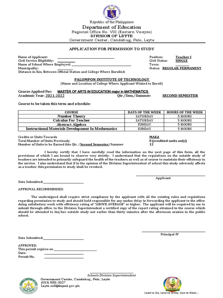 Permit To Study | PDF | Teachers | Mathematics