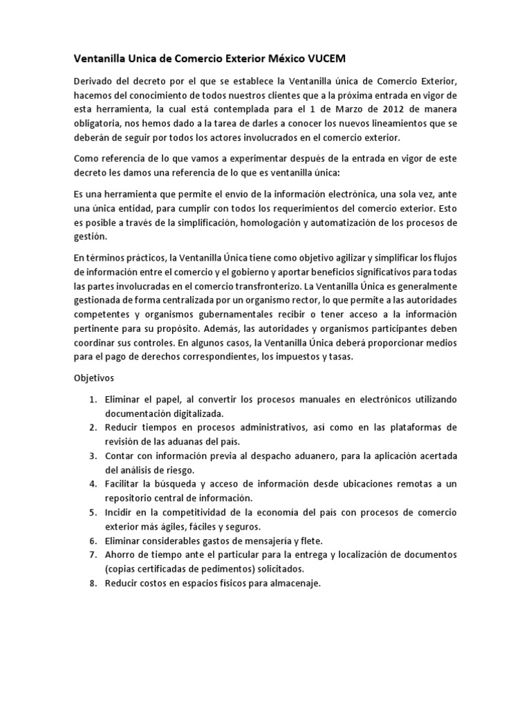 Ventanilla Unica de Comercio Exterior México VUCEM PDF | PDF | aduana ...