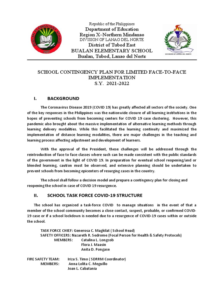 School Contingency Plan For F2F | PDF | Distance Education | Learning