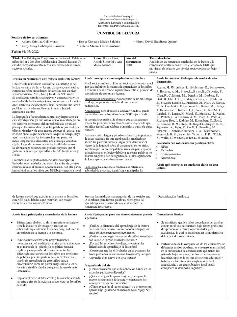 Control de Lectura - Estrategias Tempranas de Lectura | PDF | Aprendizaje | Escritura