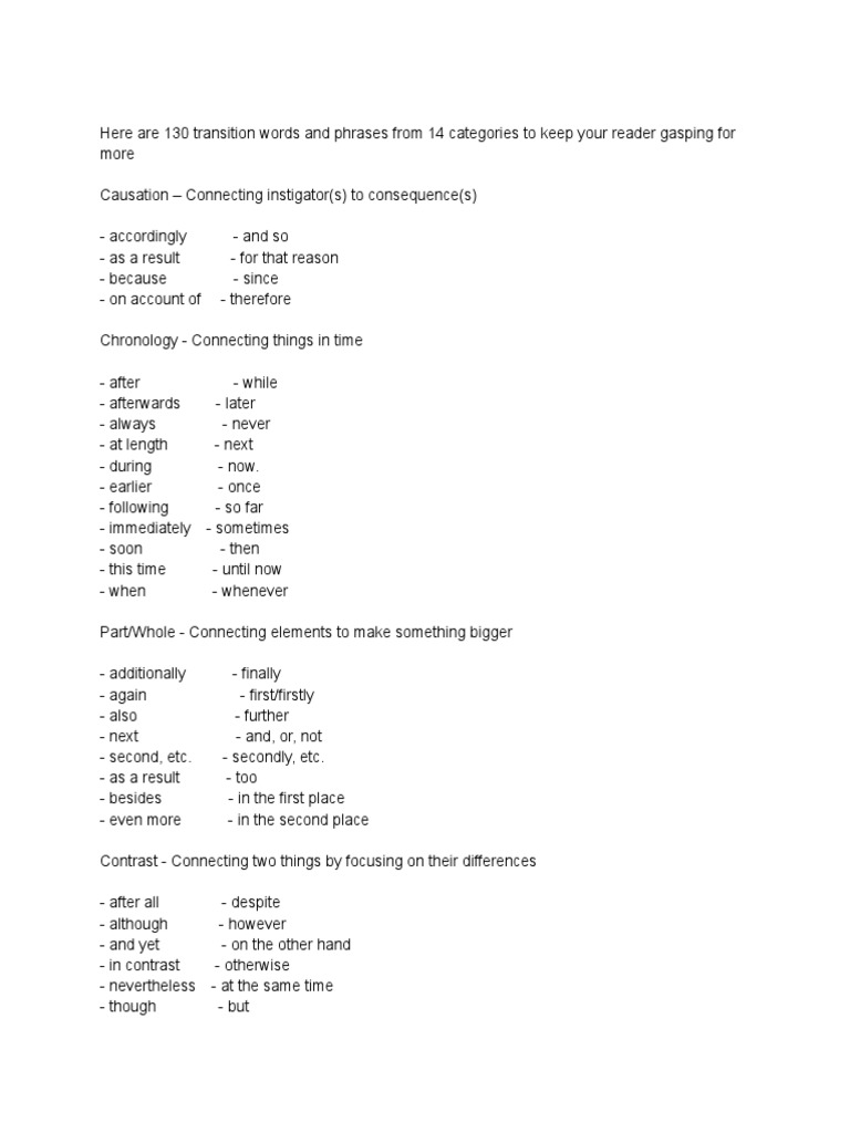 Here are 130 transition words and phrases from 14 categories to keep ...