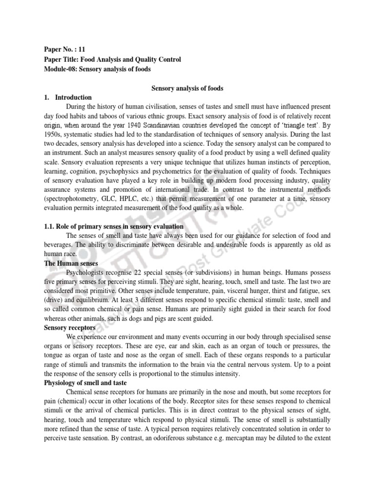 Sensory Food Analysis Basics | PDF | Senses | Taste