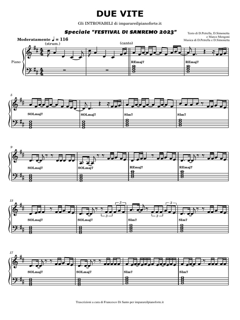 Due Vite Di Marco Mengoni Spartito Pianoforte Melodia e Accordi | PDF