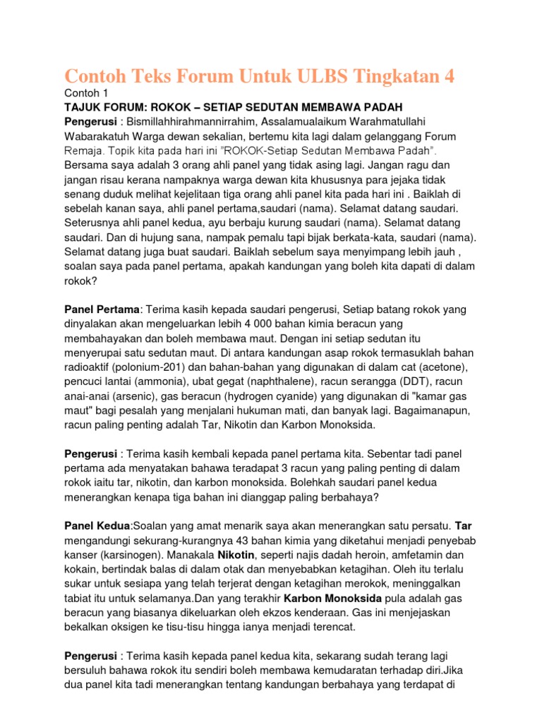 Contoh Teks Forum Untuk ULBS Tingkatan 4 | PDF