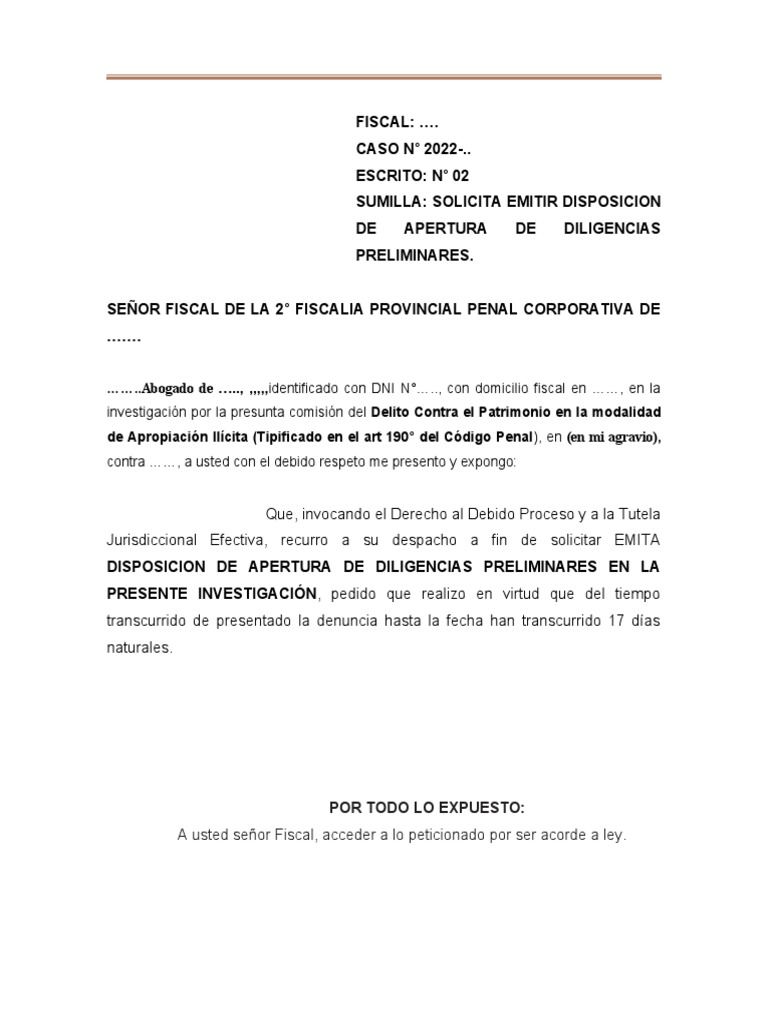 sumilla EMITA DISPOSICION DE APERTURA DE DILIGENCIAS PRELIMINARES EN LA ...