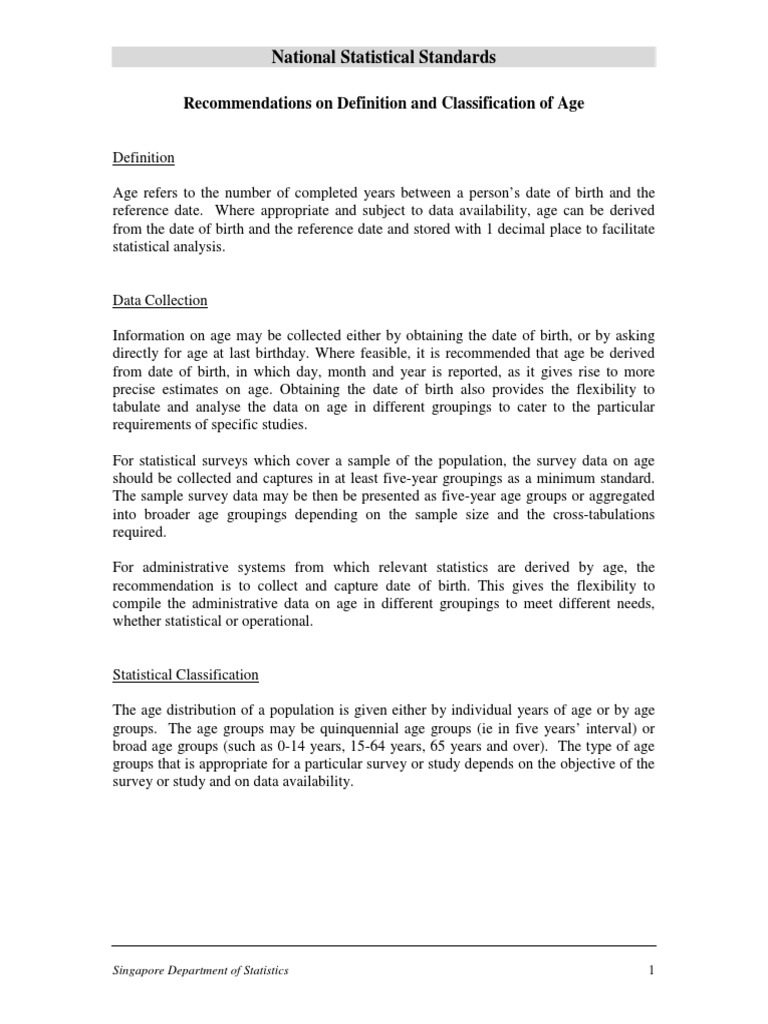 National Statistical Standards: Recommendations On Definition and Classification of Age | PDF ...
