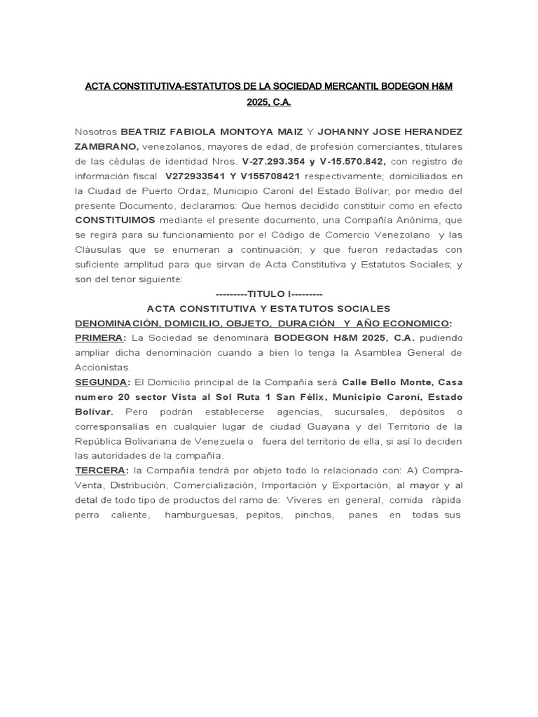 Acta Constitutiva Bodegon H&M 2025 1 | PDF | Dividendo | Hoja de balance