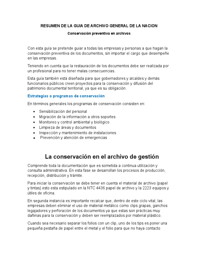GUIA DE ARCHIVO GENERAL DE LA NACION Conservacion de Documentos | PDF | Papel