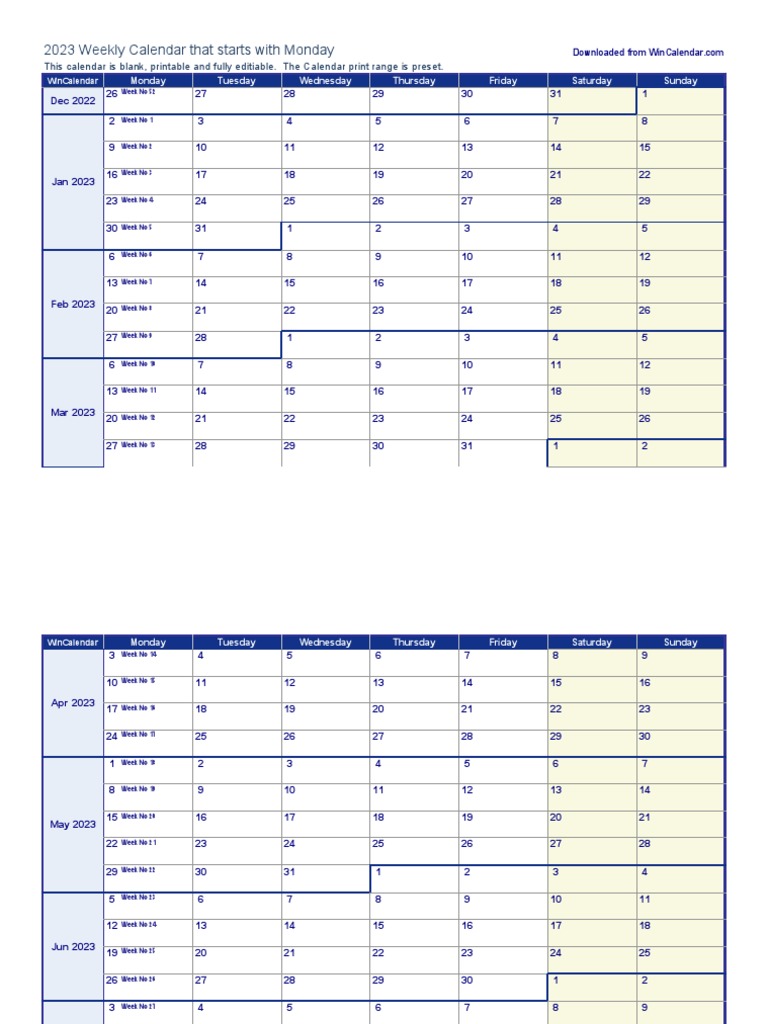 2023 Weekly Calendar Monday | PDF