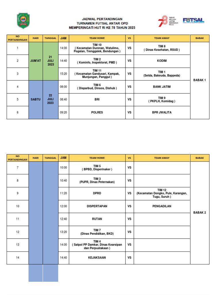 Revisi Jadwal Pertandingan Futsal Antar Opd Memperingati Hut Ri Ke 78 | PDF