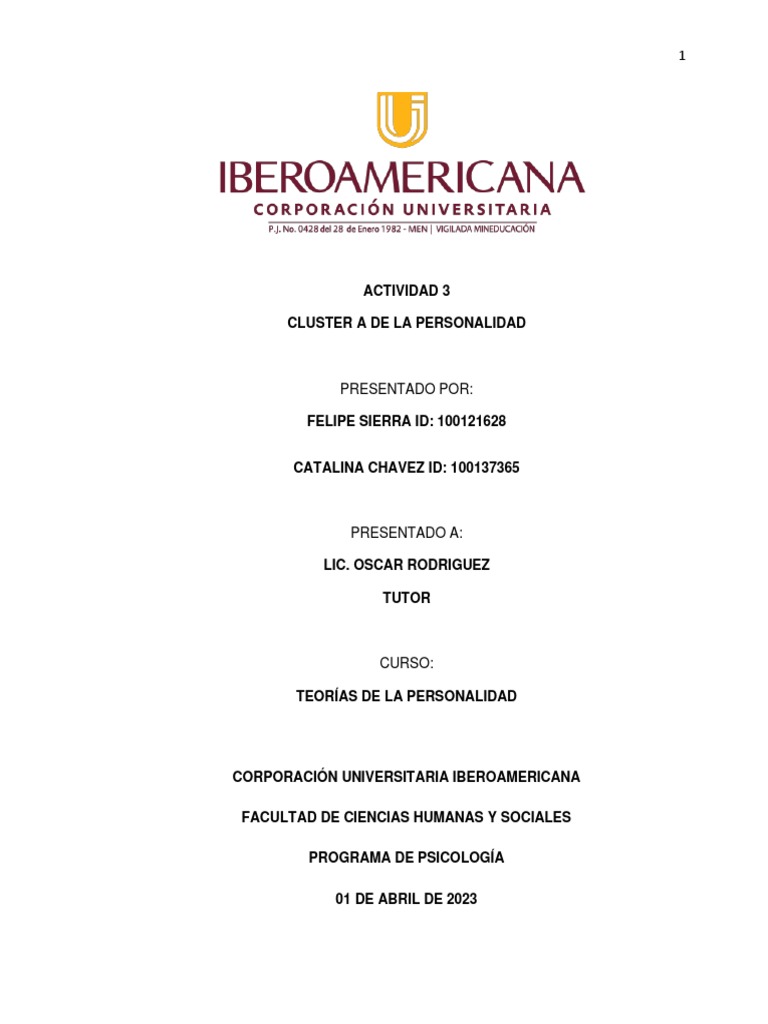 Actividad 3 - Cluster A de La Personalidad | PDF | Sicología ...