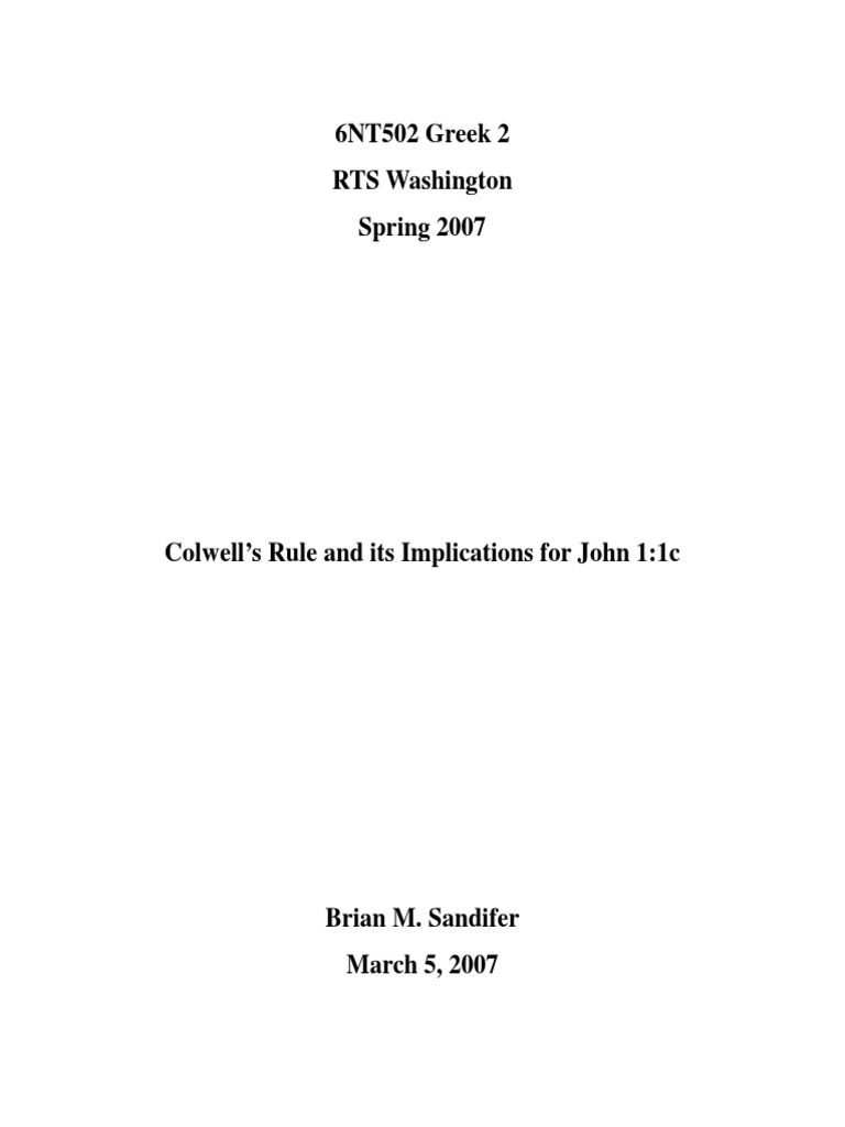 Colwells Rule and John 1:1 | PDF | Grammar | Linguistics