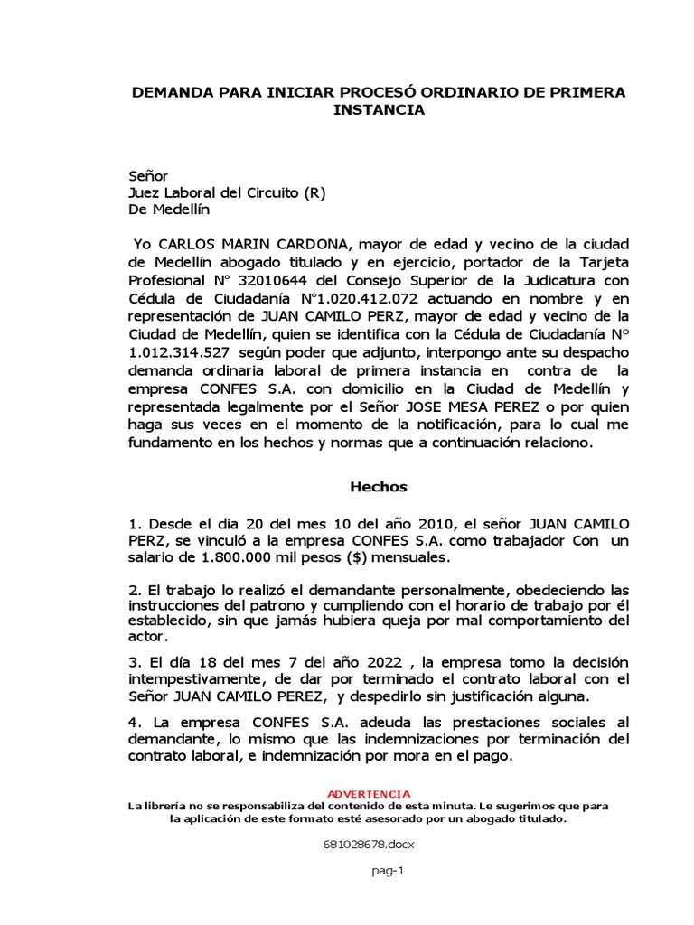Demanda para Iniciar Procesó Ordinario Laboral | PDF