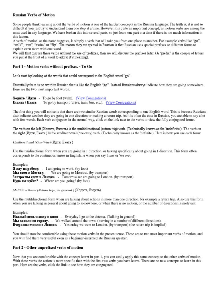 Russian Verbs of Motion | PDF | Grammatical Conjugation | Preposition ...