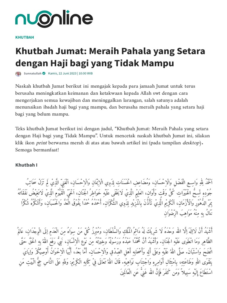 Khutbah Jumat - Meraih Pahala Yang Setara Dengan Haji Bagi Yang Tidak Mampu - NU Online | PDF ...