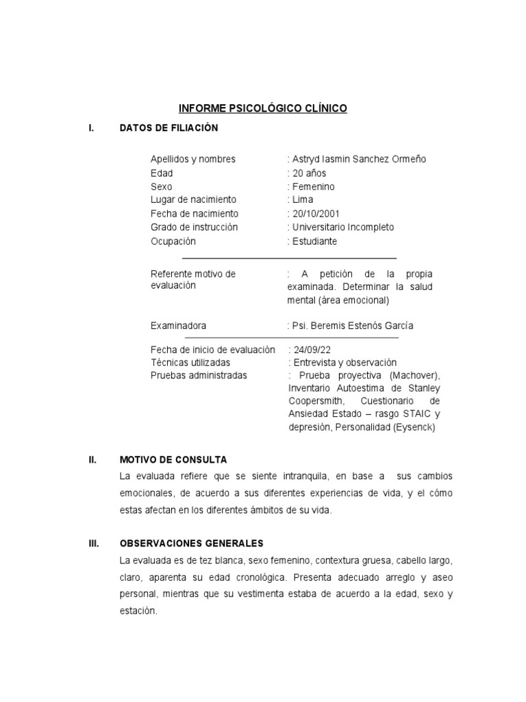 Informe PsicolÓgico ClÍnico Pac Astryd Sanchez Descargar Gratis 4400