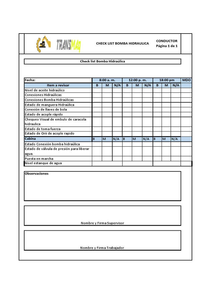 Check List Bomba Hidráulica | PDF | Tecnología