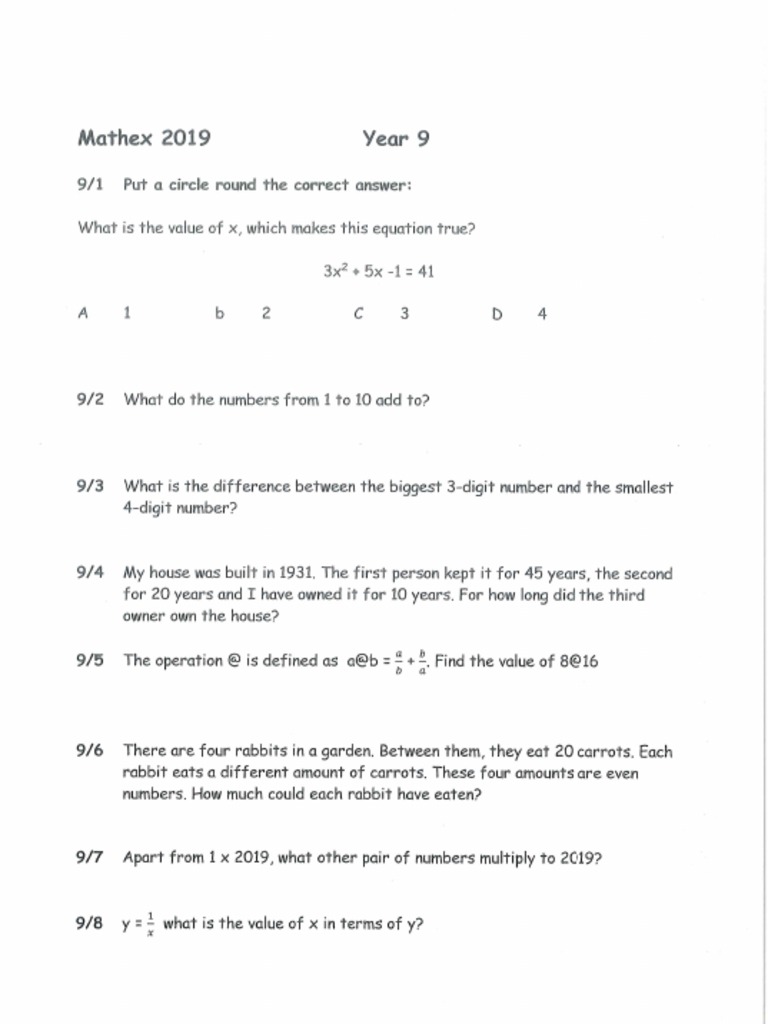 Year 9 Mathex Questions and Answers 2019 | PDF