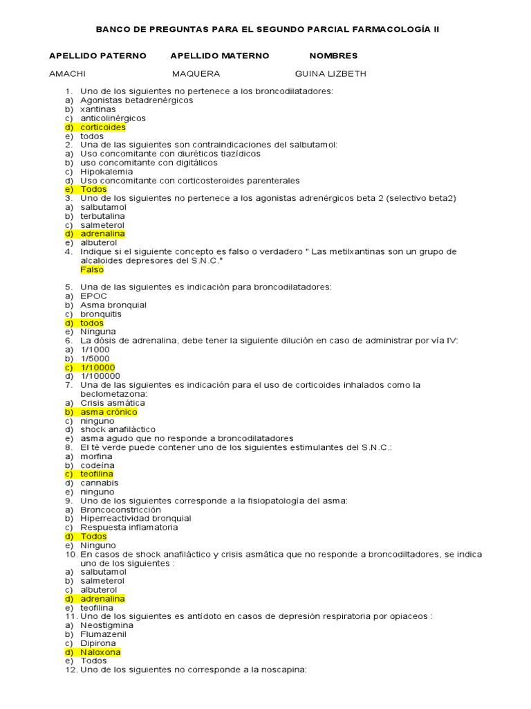 Banco de Preguntas Farmacologia | PDF | Asma | Medicina