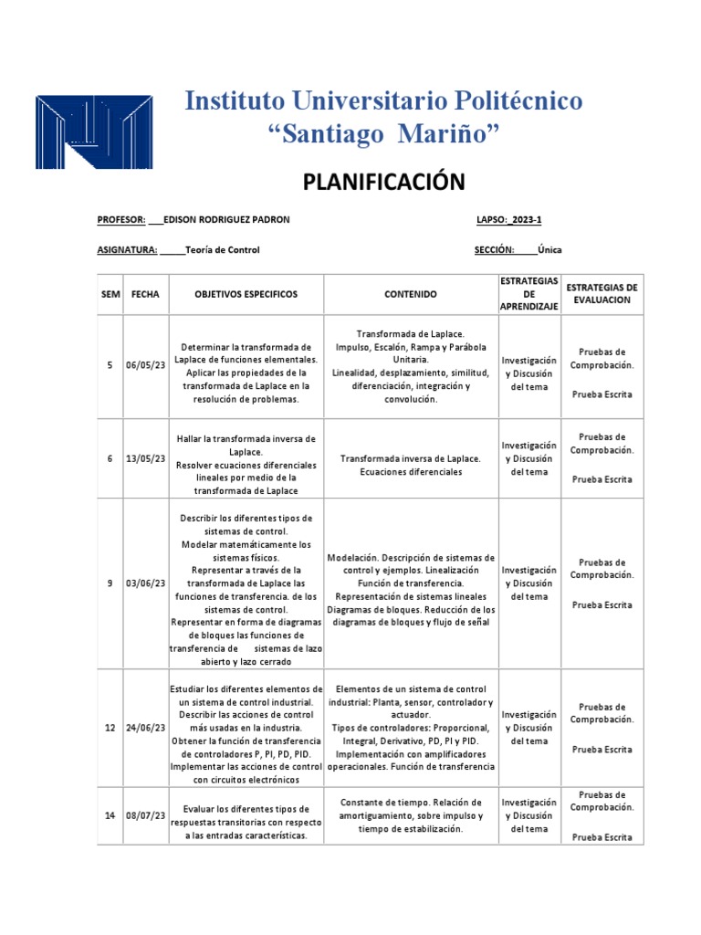 Planificacion Teoria de Control SAIA | PDF | Ecuaciones | Sistema de ...