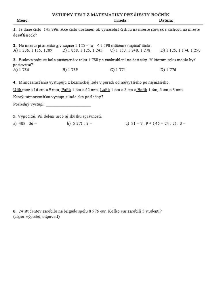 Vstupný Test Z Matematiky | PDF