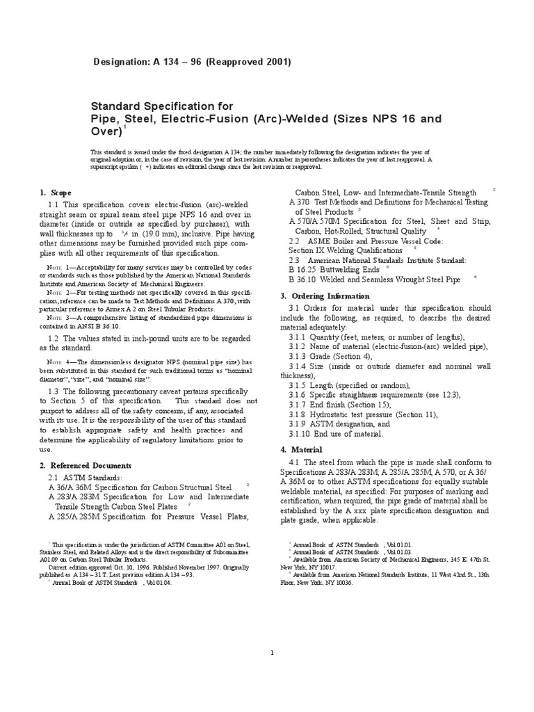 Astm A134 | PDF | Pipe (Fluid Conveyance) | Strength Of Materials