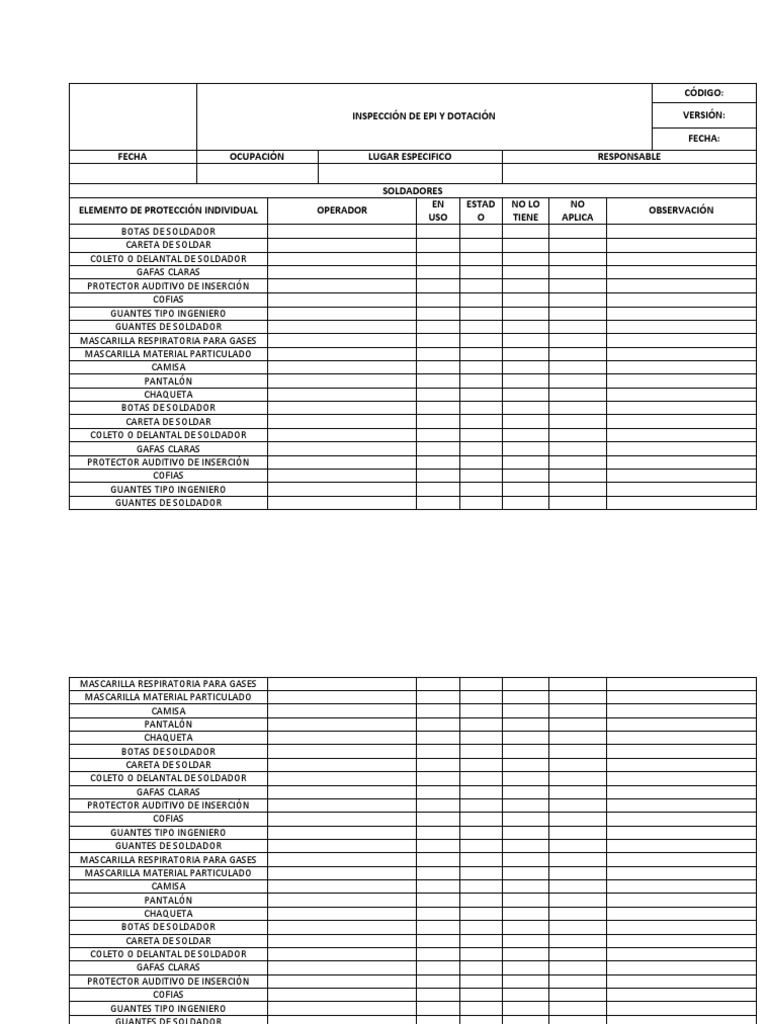 Inspeccion de Epi y Dotacion | PDF | Soldadura | Construcción