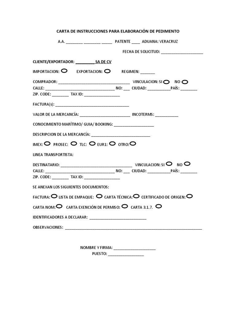 Carta de Instrucciones para Elaboración de Pedimento | PDF Carta de Instrucciones para Elaboración de Pedimento | PDF