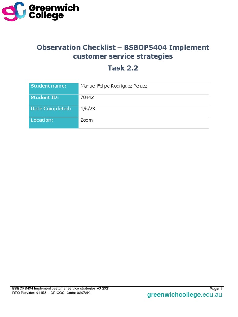 Observation Checklist Task 2.2 - BSBOPS404 V1 | PDF | Human ...