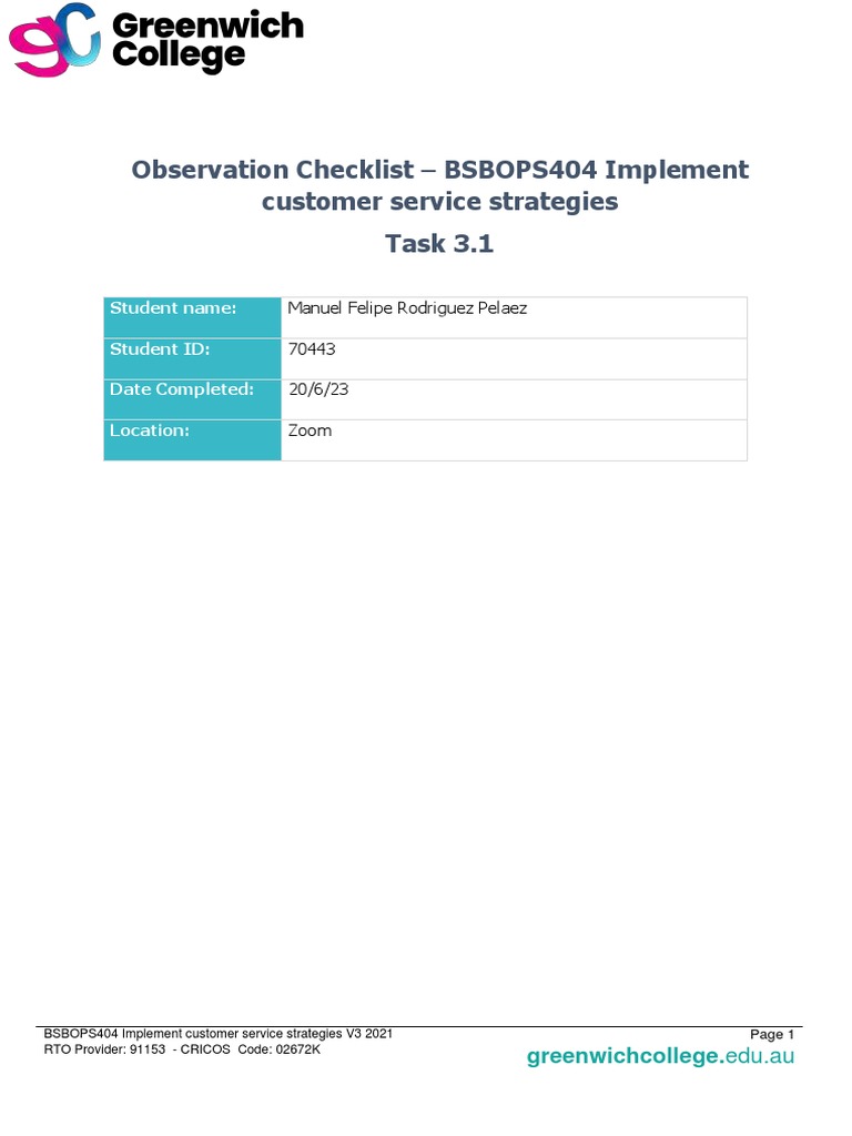 Observation Checklist Task 3.1 - BSBOPS404 V1-1 | PDF | Information ...