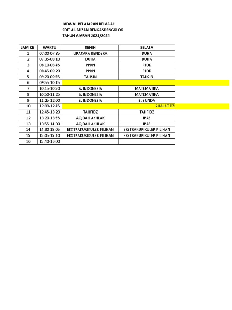 Jadwal Pelajaran 4C | PDF