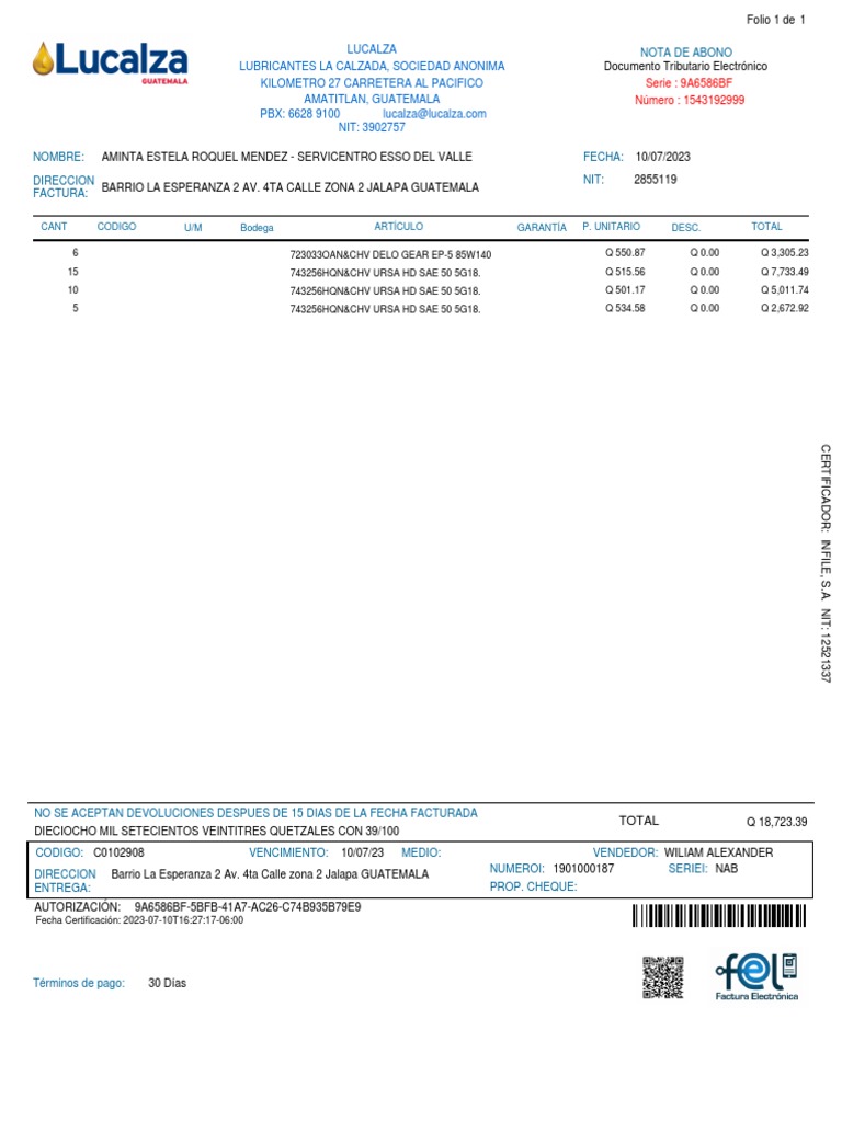 Factura de Lubricantes Aminta 2023 | PDF