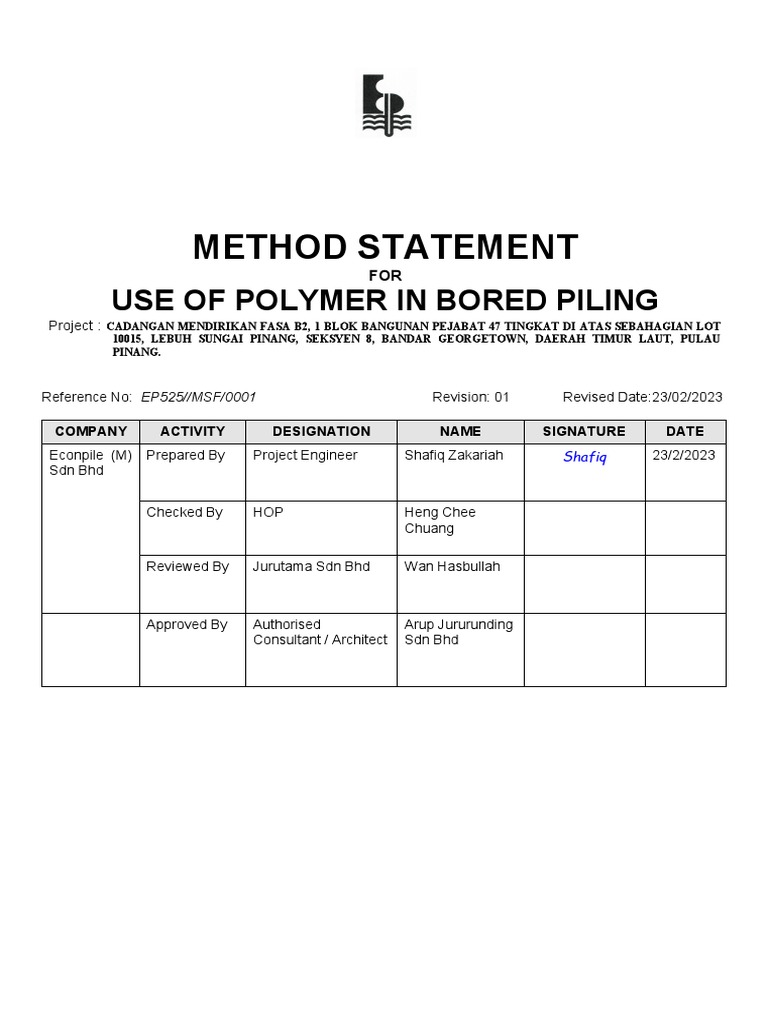 Polymer Use in Bored Piling Method Statement | PDF | Personal Protective Equipment | Glasses