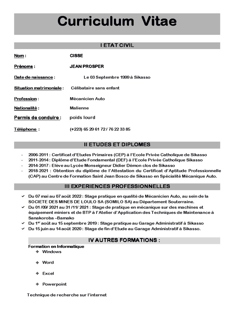 CV de Jean Prosper Cissé | PDF