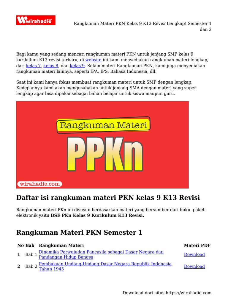 Rangkuman Materi PKN Kelas 9 K13 Revisi Lengkap! Semester 1 Dan 2 | PDF