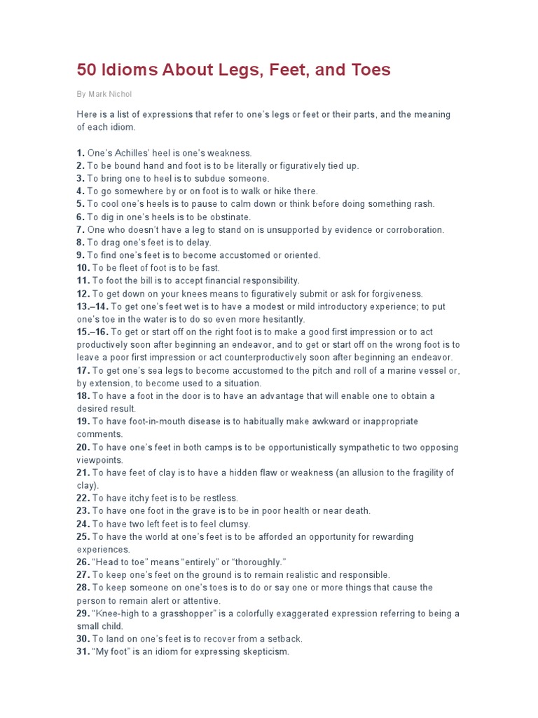 50 Idioms About Legs, Feet and Toes | PDF | Foot