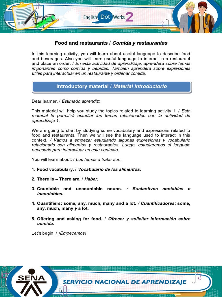 Material Food and Restaurants | PDF | Almuerzo | Sustantivo