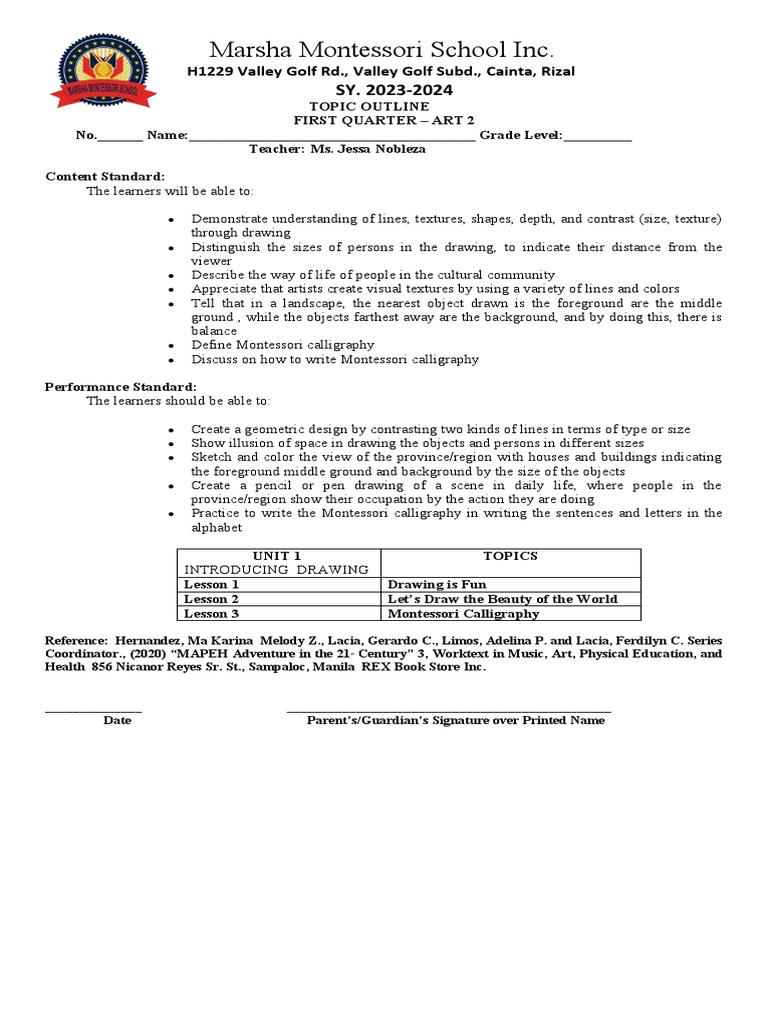 Grade 2 First Quarter Topic Outline in Art | PDF | Drawing