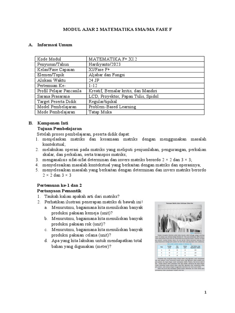Modul Ajar Matriks Kelas 11 Fase F | PDF