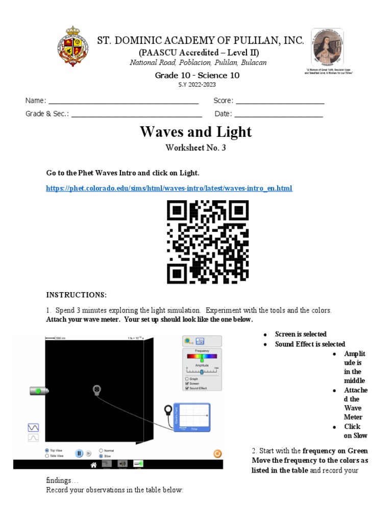 Worksheet No. 1 - Phet Waves and Light | PDF | Color | Light