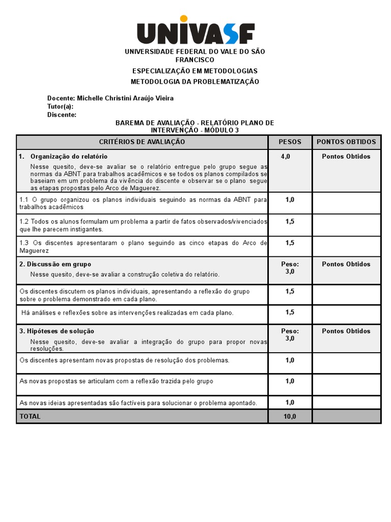 Modulo 3 - Barema de Avaliação Plano de Intervenção | PDF