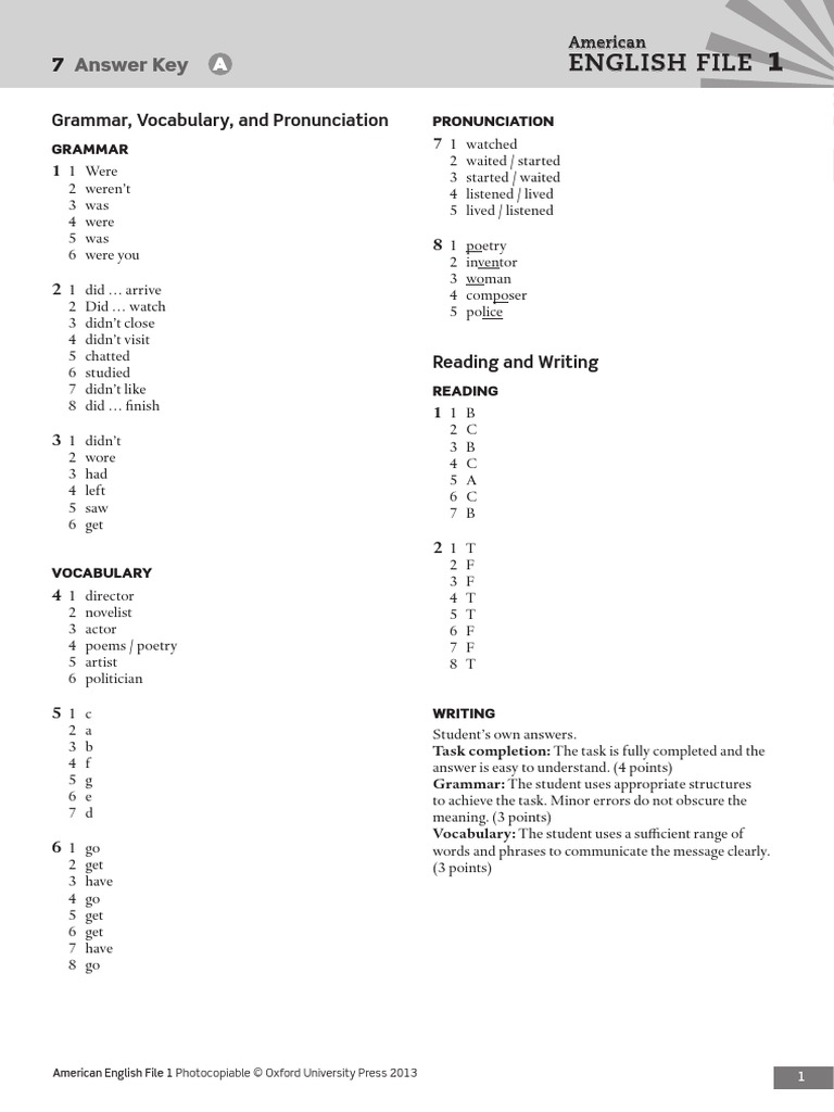 AEF1 File7 TestA&B AnswerKey | PDF | English Language | Communication