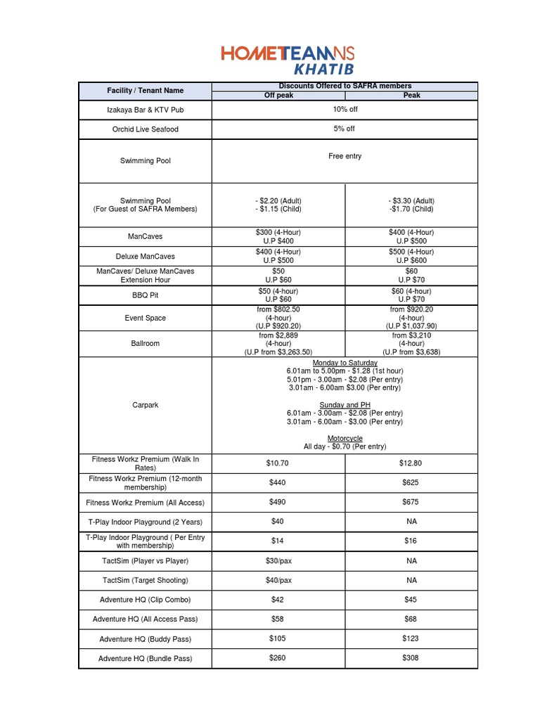 Safra Reciprocal Rates For Hometeamns Facilities | PDF