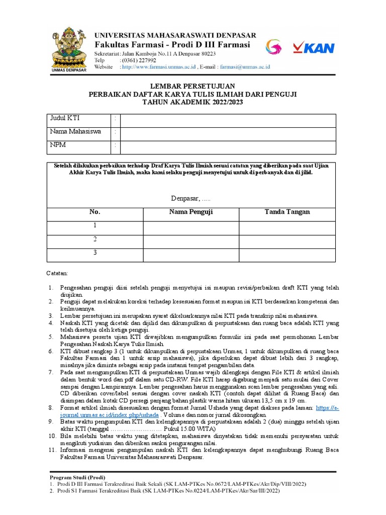 Formulir Lembar Persetujuan Perbaikan Draf KTI | PDF | Teknologi & Rekayasa