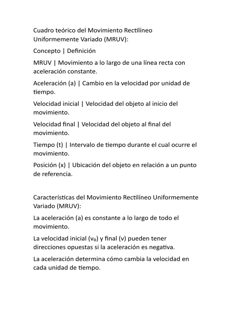 Cuadro Teórico Del Movimiento Rectilíneo Uniformemente Variado | PDF ...