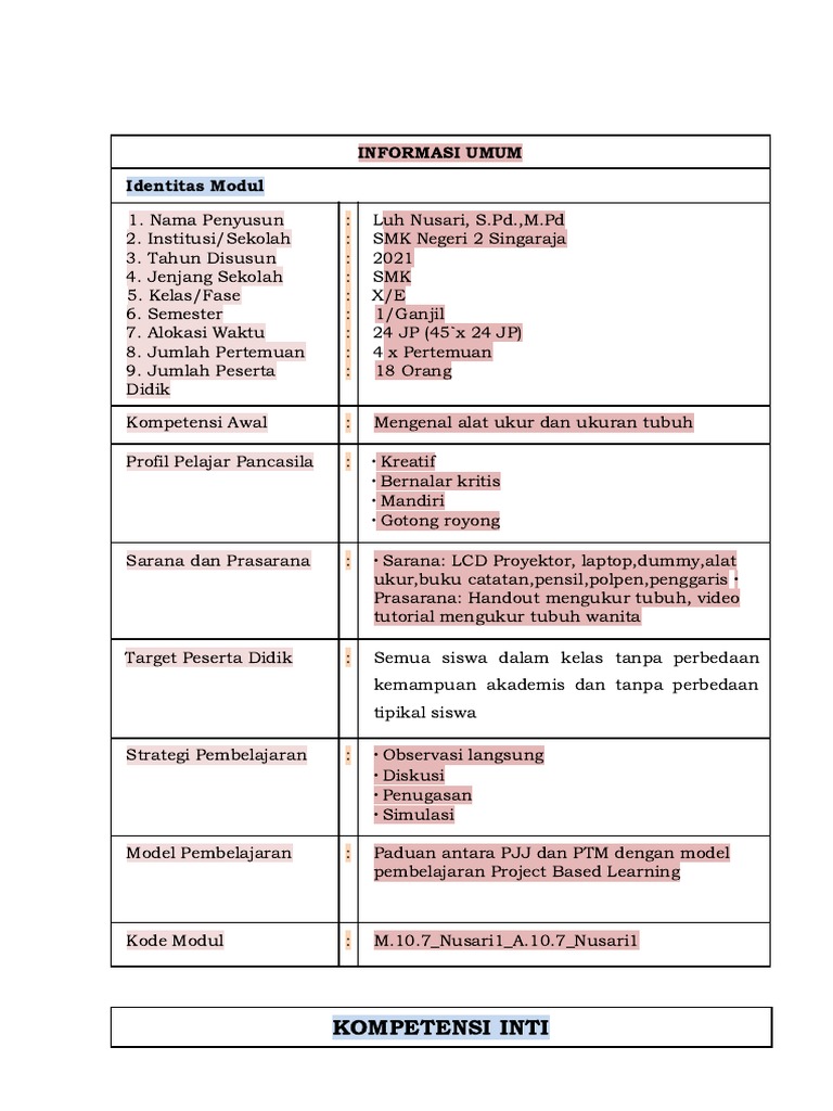Modul Ajar Dasar-Dasar Busana Dasar Pola | PDF