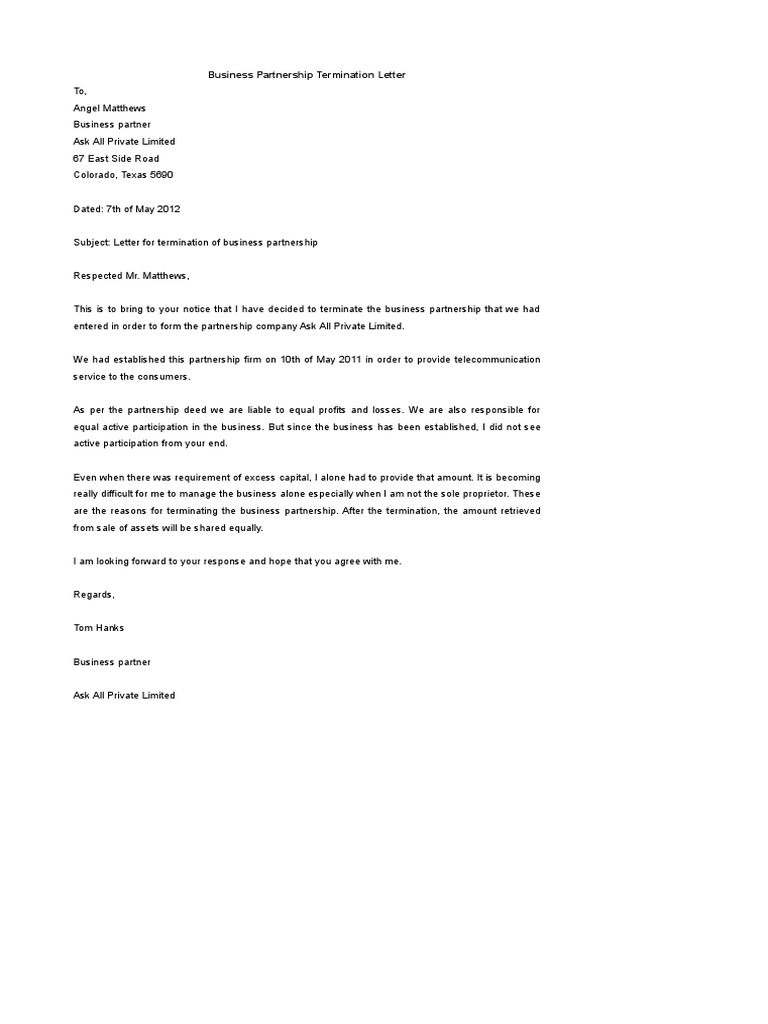 Business Partnership Termination Letter Template Word Format | PDF
