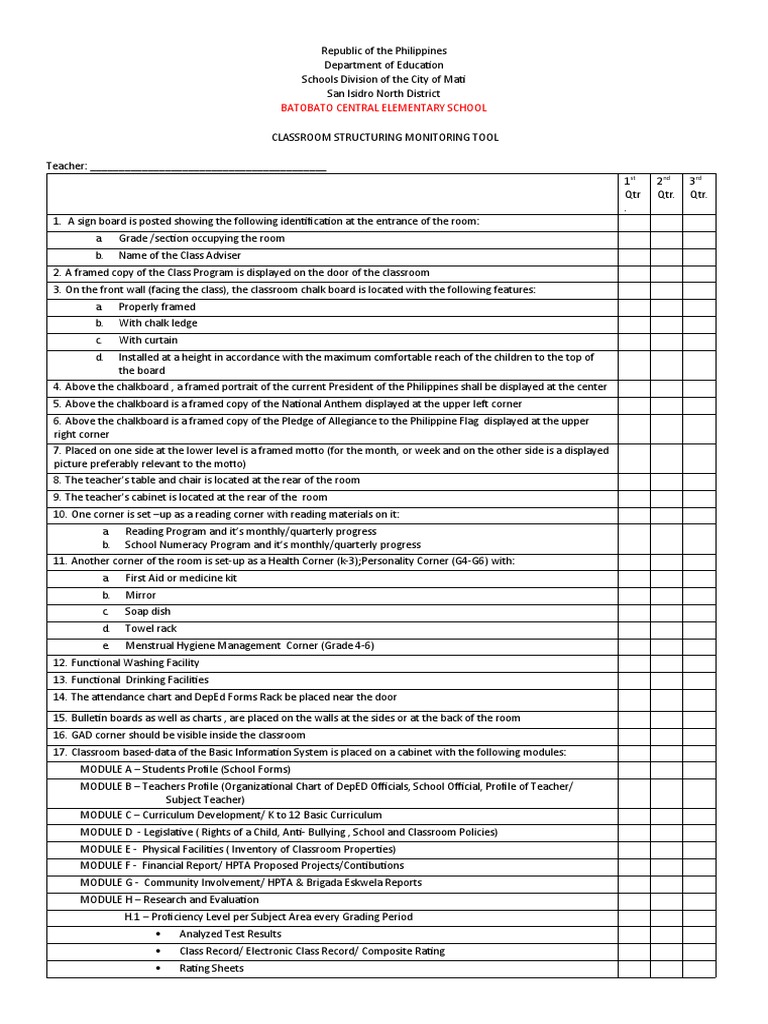 Classroom Structuring Monitoring Tool 1 | PDF | Classroom