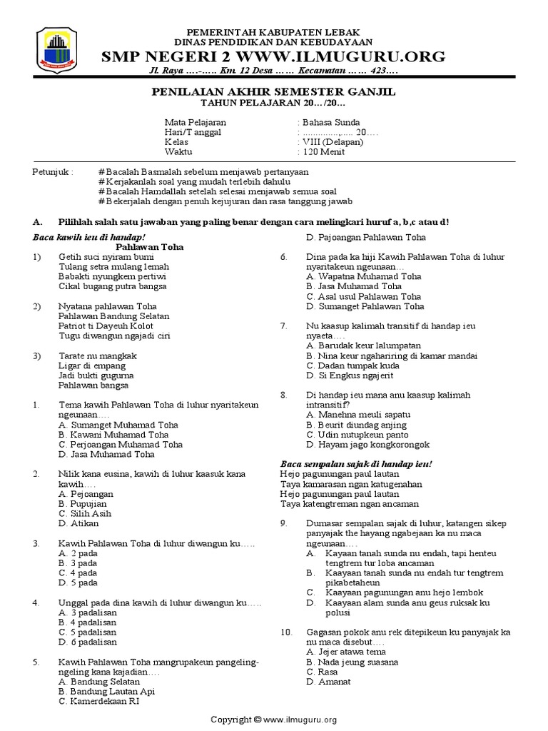 PAS I Kelas VIII Bhs Sunda | PDF